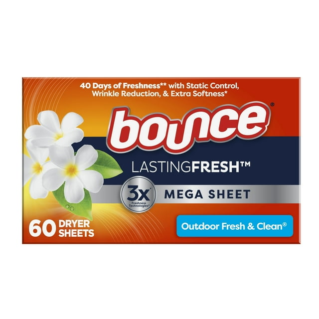 Bounce Mega Dryer Sheets, 60 Ct, Long Lasting Freshness, Outdoor Fresh ...