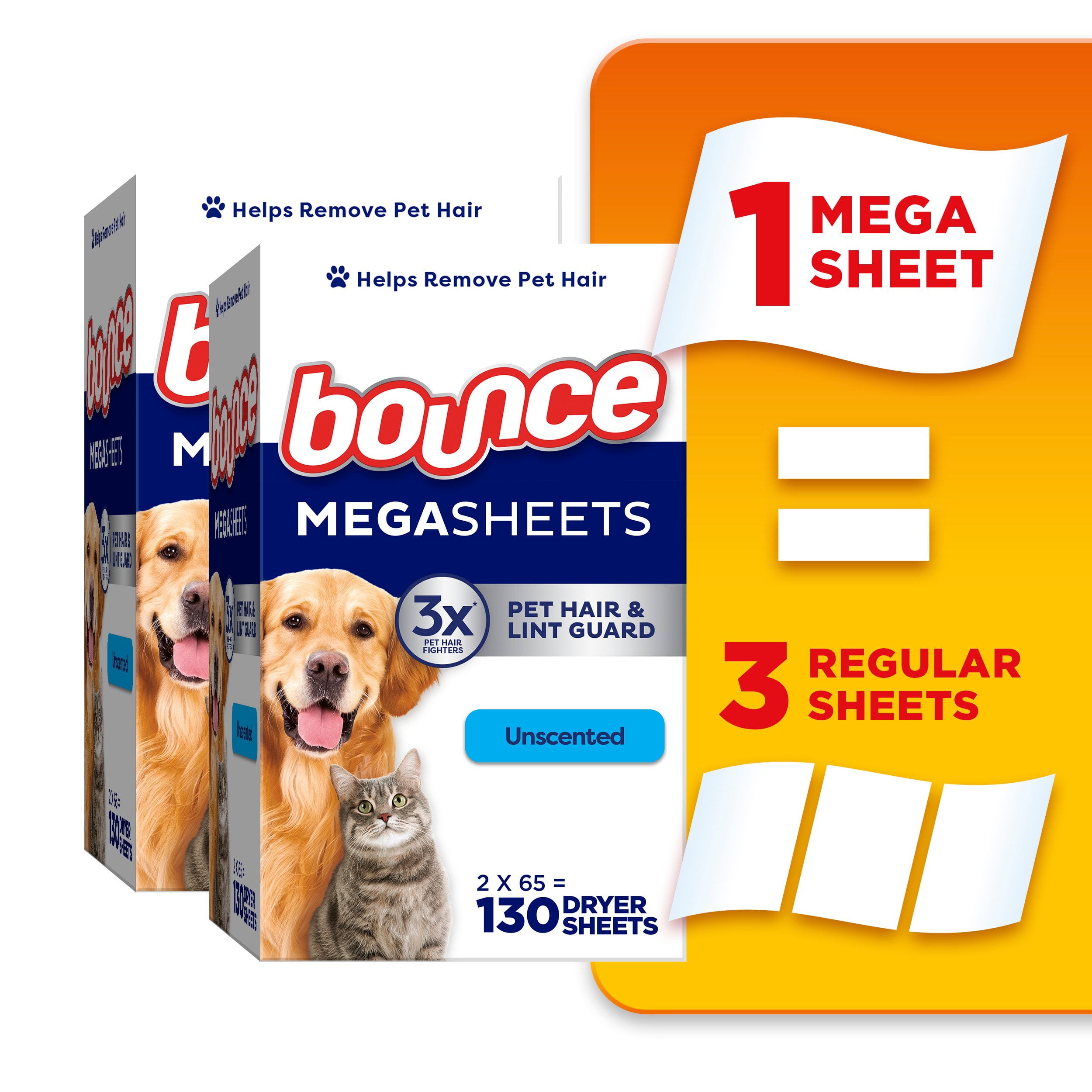 Bounce Pet Hair and Lint Guard Mega Dryer Sheets, Unscented, 130 Count ...