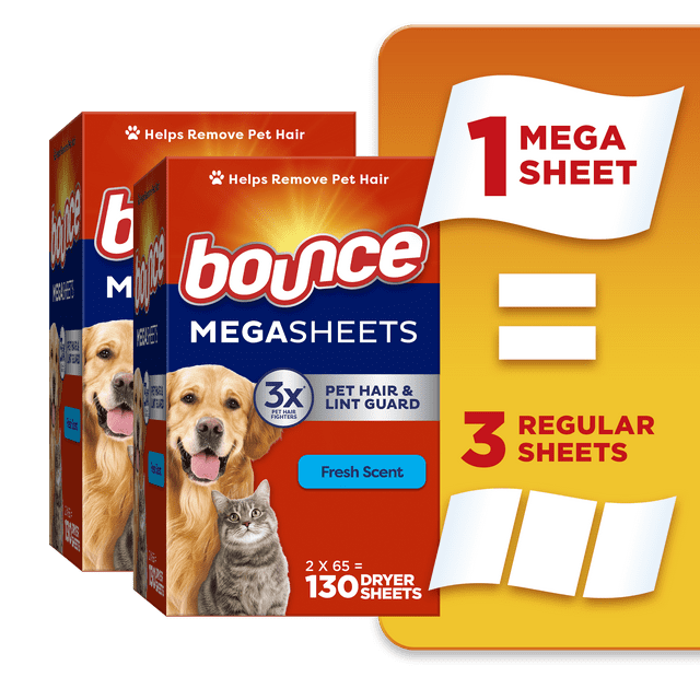 Bounce Pet Hair & Lint Guard Mega Dryer Sheets, Laundry Hair Remover ...