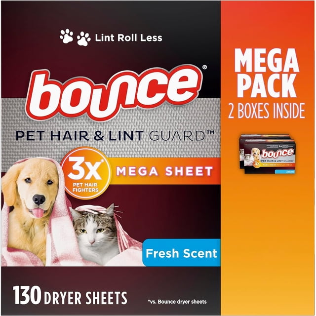 Bounce Pet Hair and Lint Guard Mega Dryer Sheets with 3X Pet Hair ...