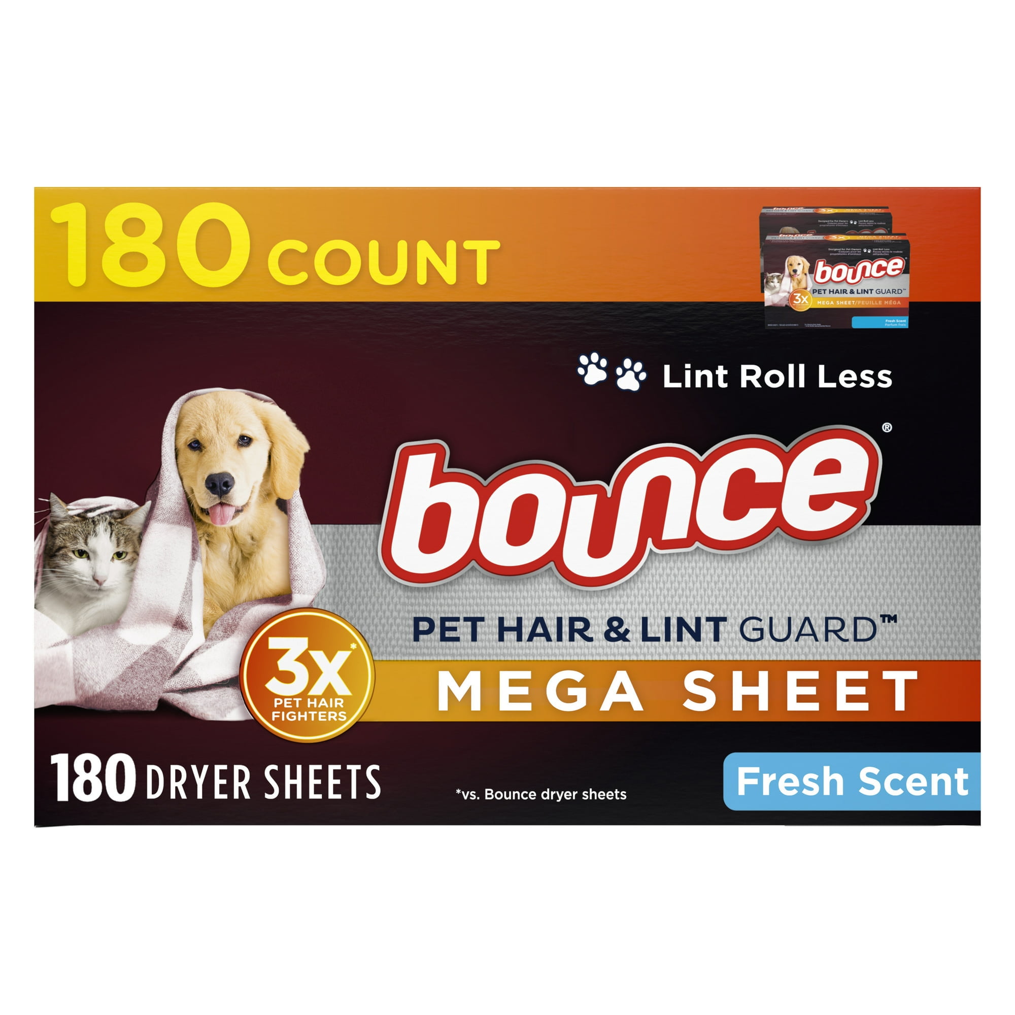 Bounce Pet Hair and Lint Guard Mega Dryer Sheets with 3X Pet Hair ...