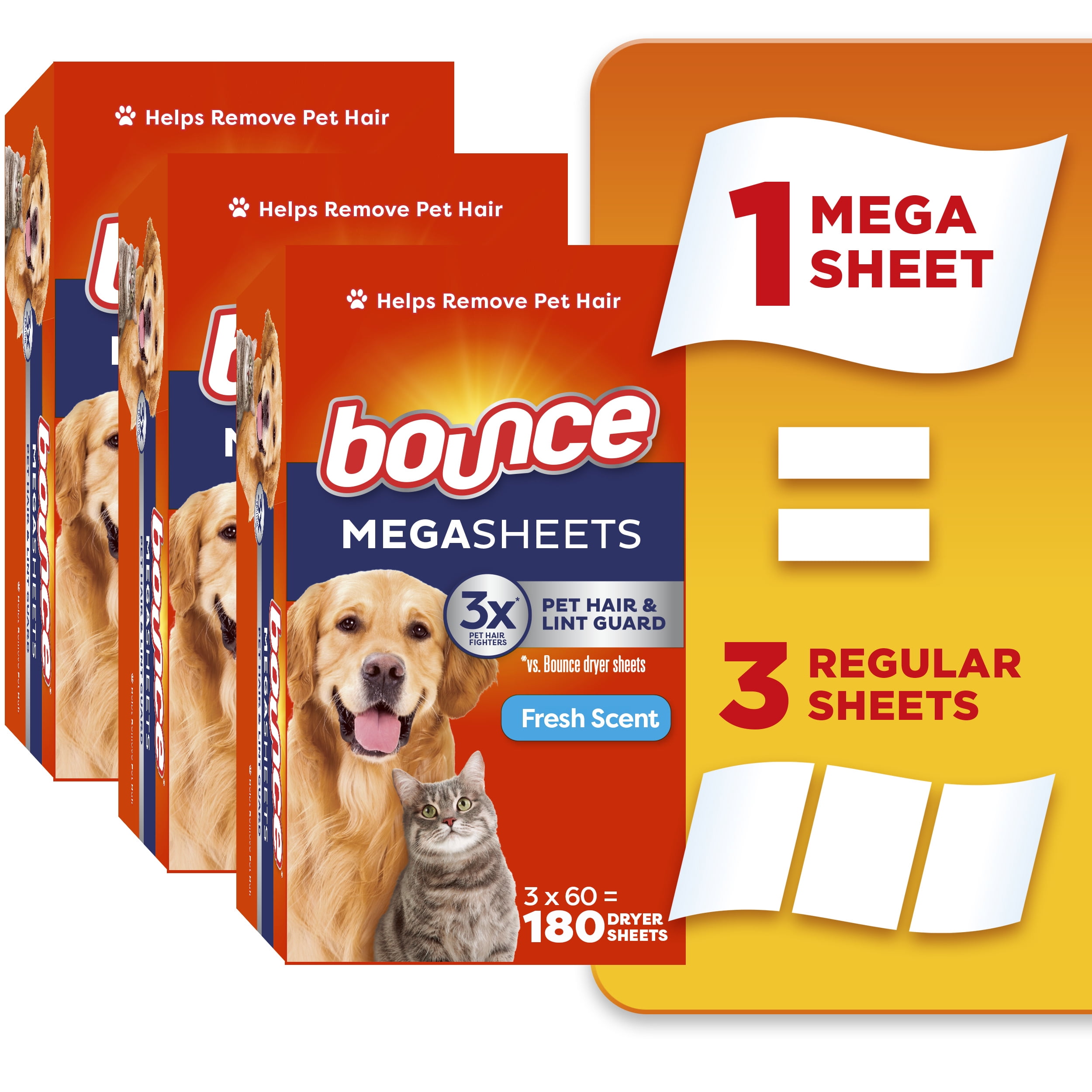 Bounce Pet Hair and Lint Guard Mega Dryer Sheets with 3X Pet Hair ...