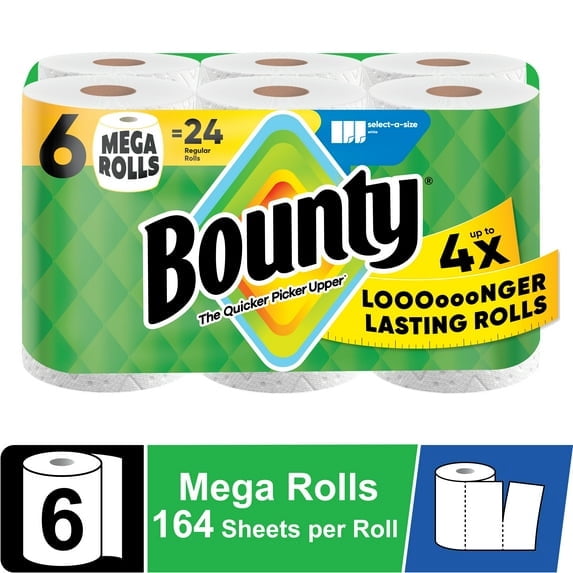 Bounty Paper Towels Select-A-Size White, 6 Mega Rolls, 164 Sheets Per ...