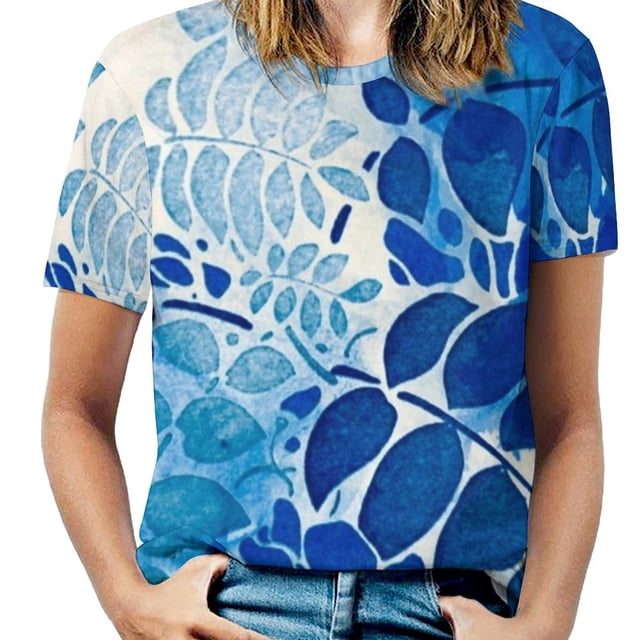 Bouquet Bleu Abstrai Abstract Blue Bouquet Lotus Leaf Neck T-Shirt Long ...