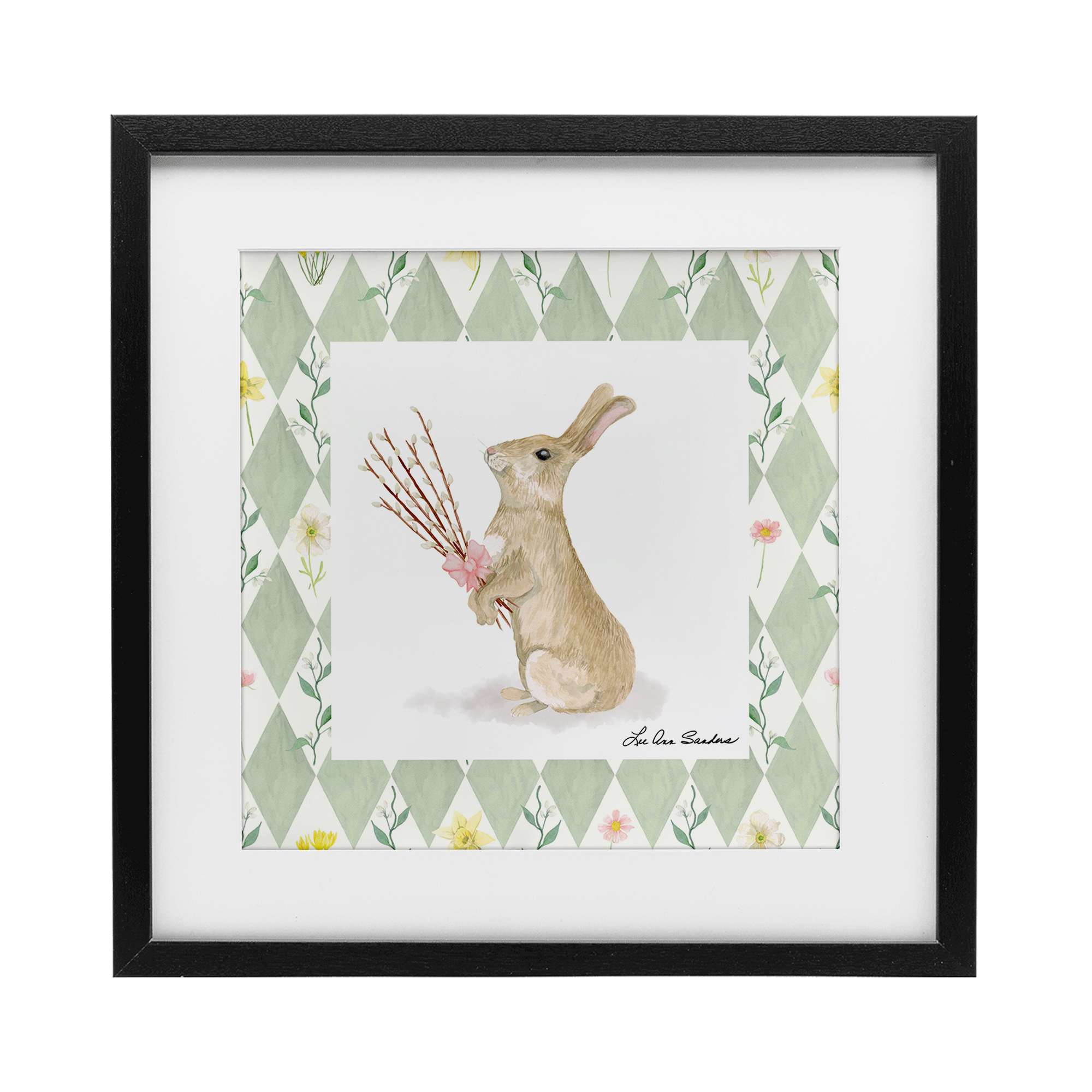 Bouquet Bunny on Green Argyle Black Framed Print Under Glass, design by ...
