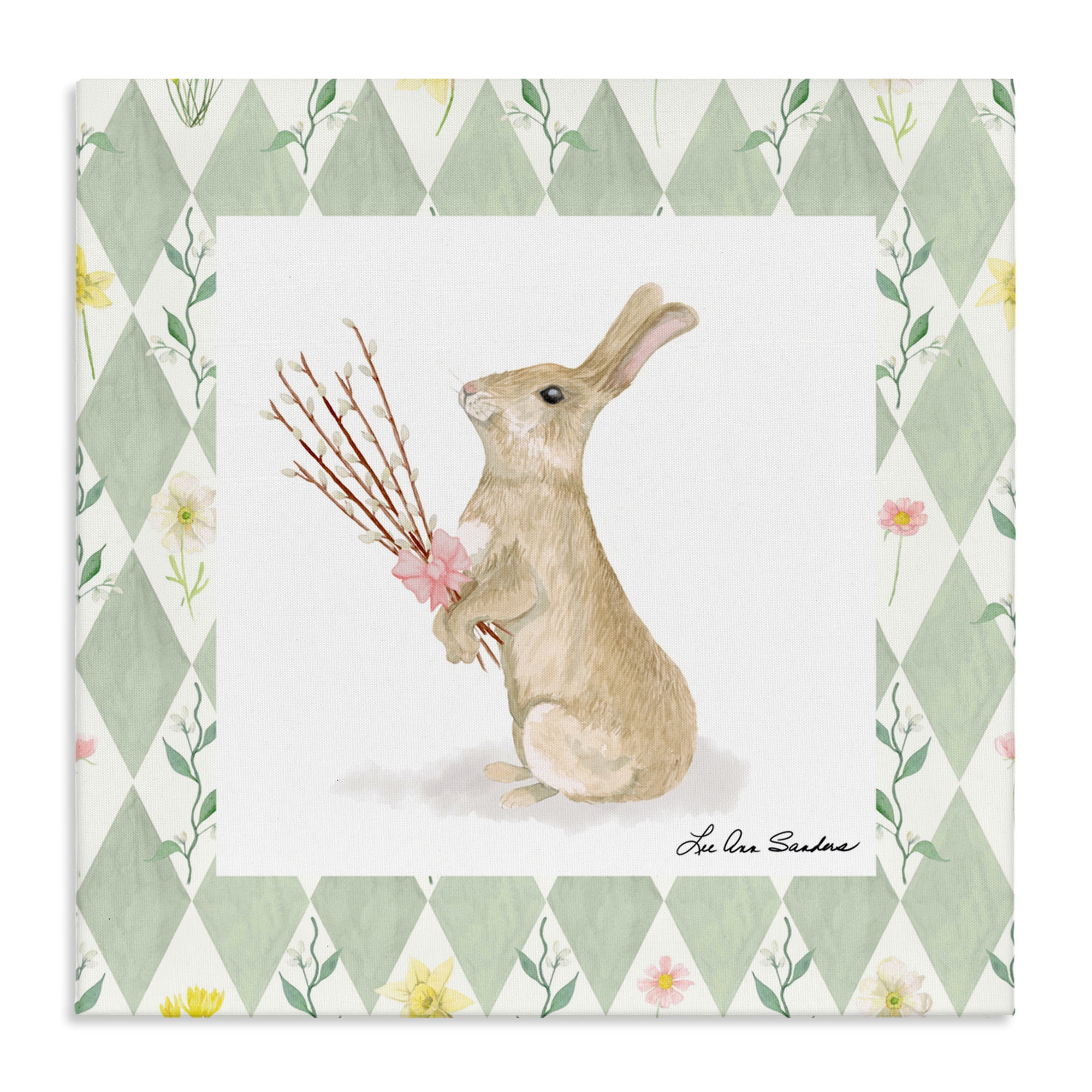 Bouquet Bunny on Green Argyle Canvas Wall Art, design by Lee Ann ...