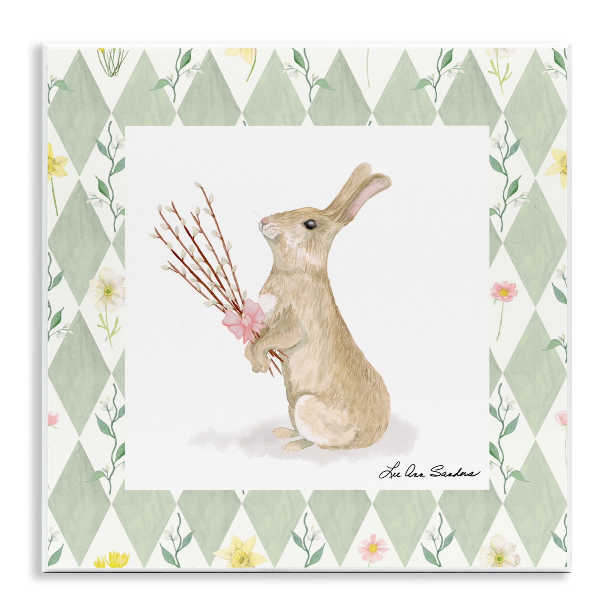 Bouquet Bunny on Green Argyle Wall Plaque Art, design by Lee Ann ...