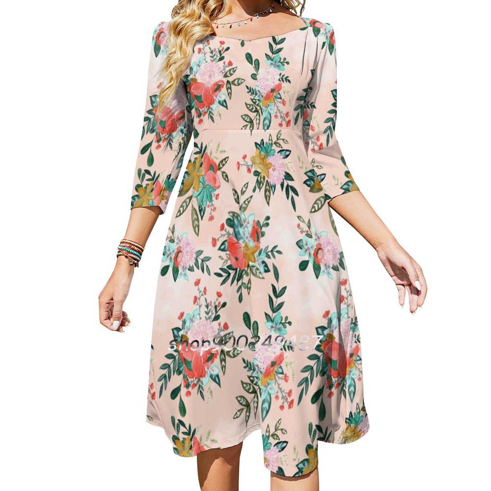 Bouquet Bursts Square Neck Dress Sweet Summer Dress Women Elegant ...