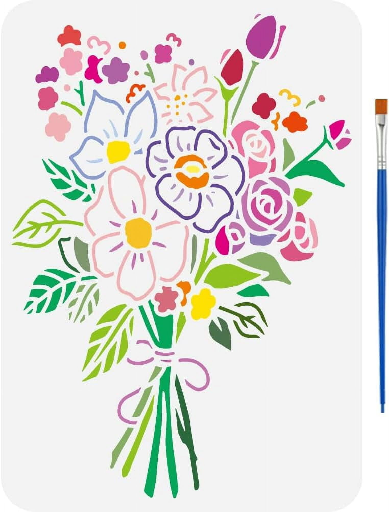 Bouquet of Flower Drawing Stencil with Paint Brush 11.7x8.3inch Large A ...