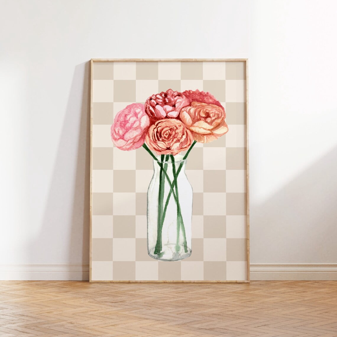 Bouquet Of Flowers Print, Checkered Wall Art, Green Floral Art, Girls ...