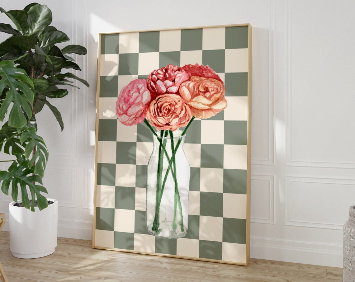 Bouquet Of Flowers Print, Checkered Wall Art, Green Floral Art, Girls ...