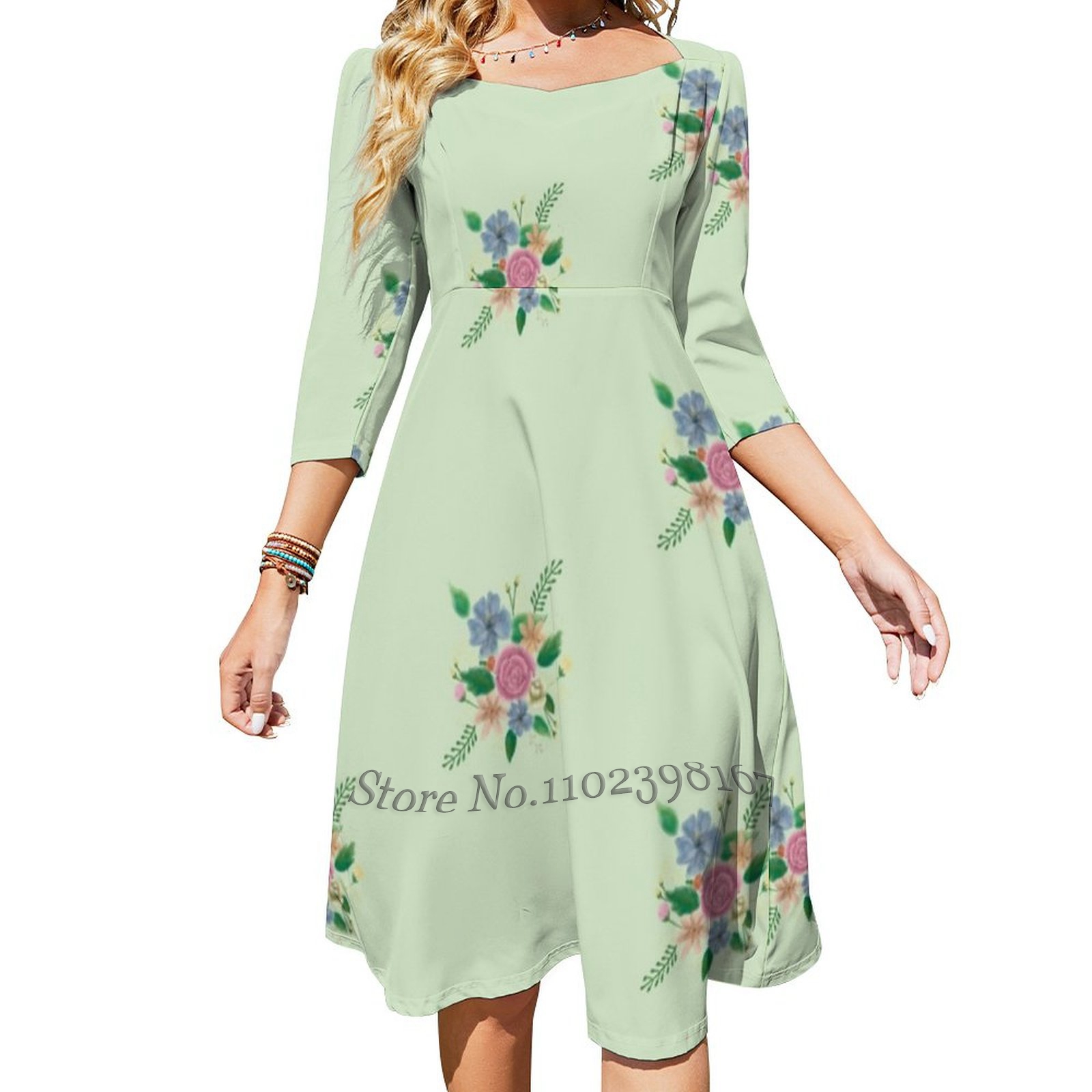 Bouquet Of Flowers Flare Dress Square Neck Dress Elegant Female Fashion ...