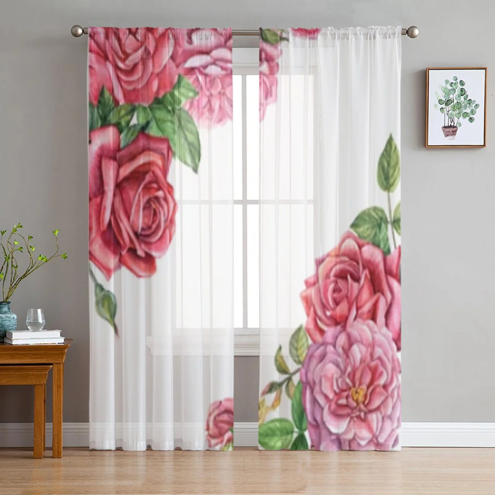 Bouquet Of Roses Summer Floral Tulle Window Curtain For Living Room ...