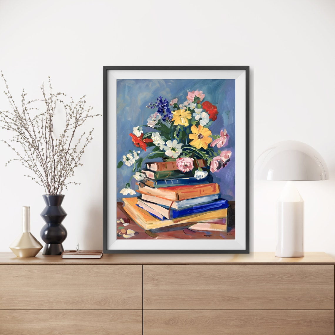 Bouquet On Stack Of Books Poster, Books With Flowers Wall Art, Artful ...