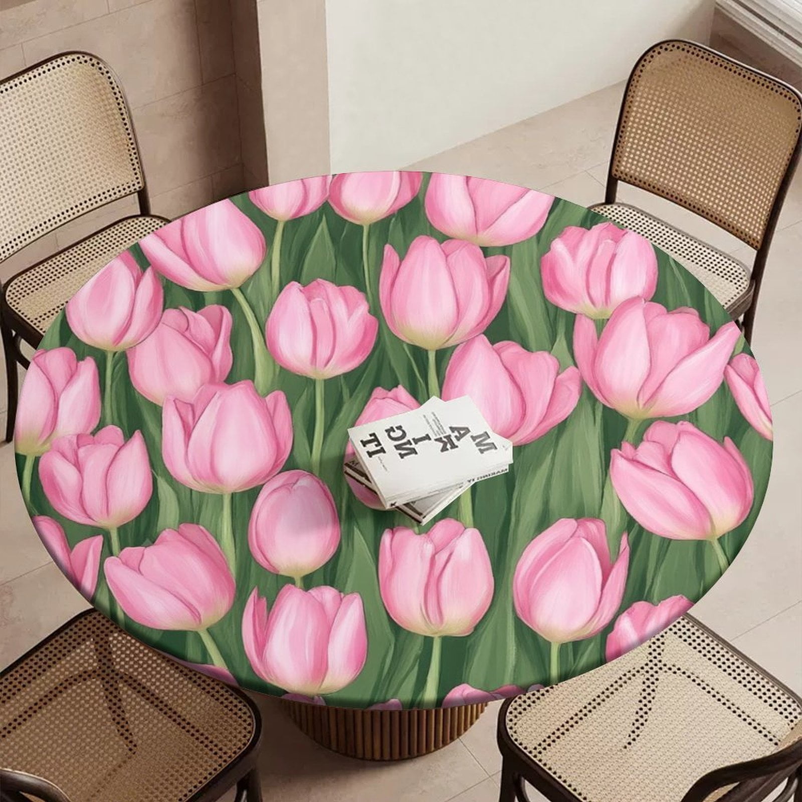 Bouquet of Pink Tulips Flowers Round Table Cover Kitchen Printed ...