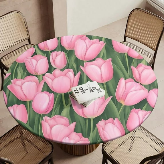 Bouquet of Pink Tulips Flowers Round Table Cover Kitchen Printed ...