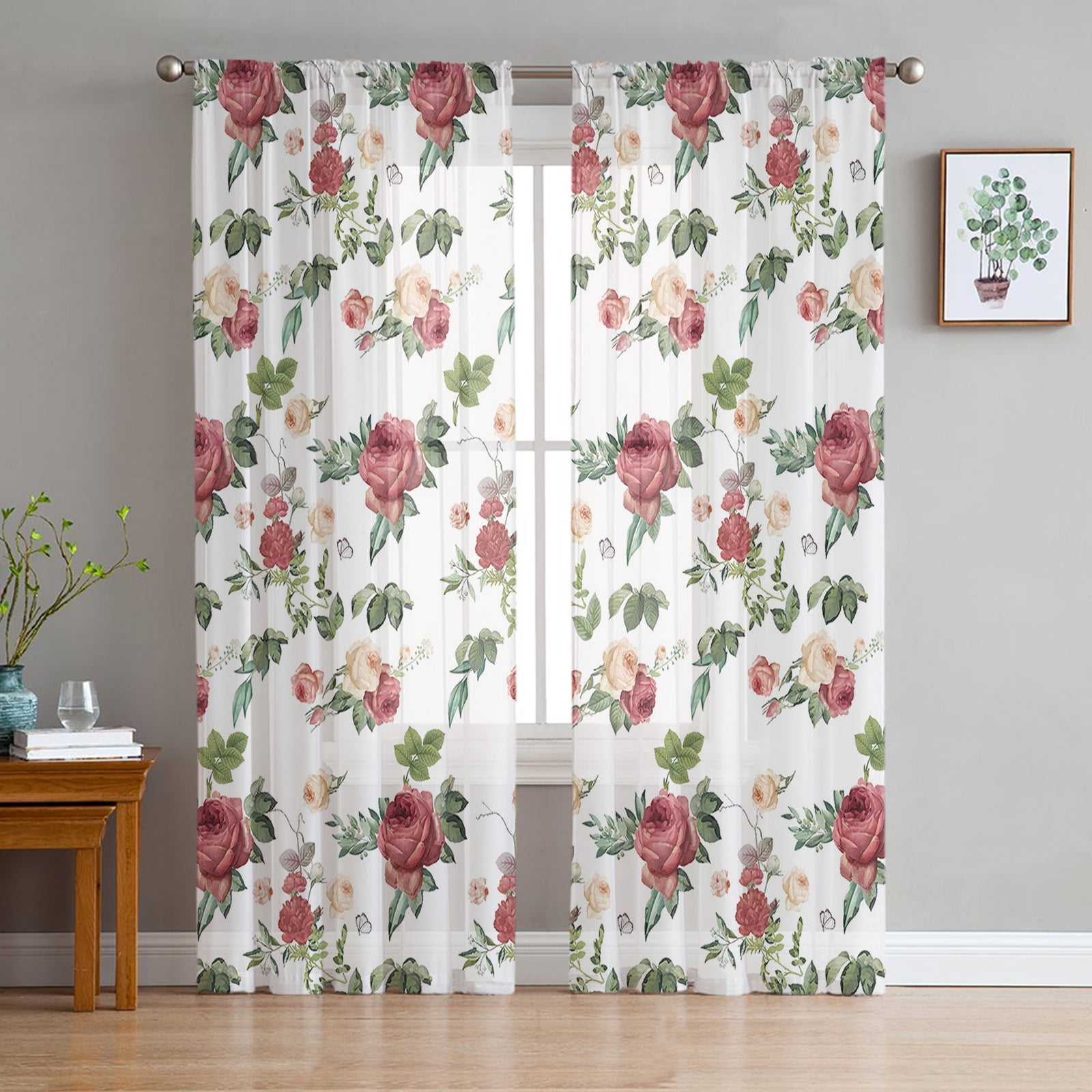 Bouquet Rose Flowers Yellow Pink Tulle Curtains for Living Room Bedroom ration Chiffon Sheer ...