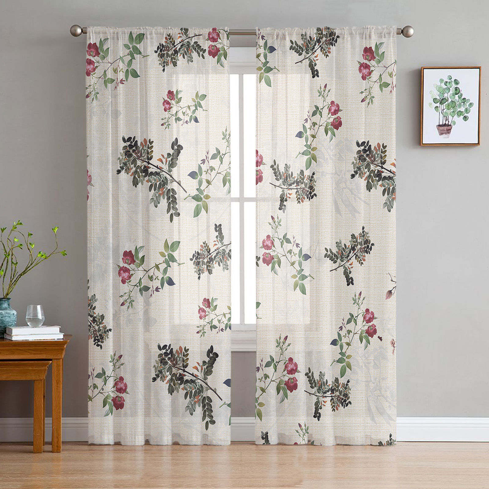 Bouquet Rose Flowers Yellow Pink Tulle Curtains for Living Room Bedroom ...