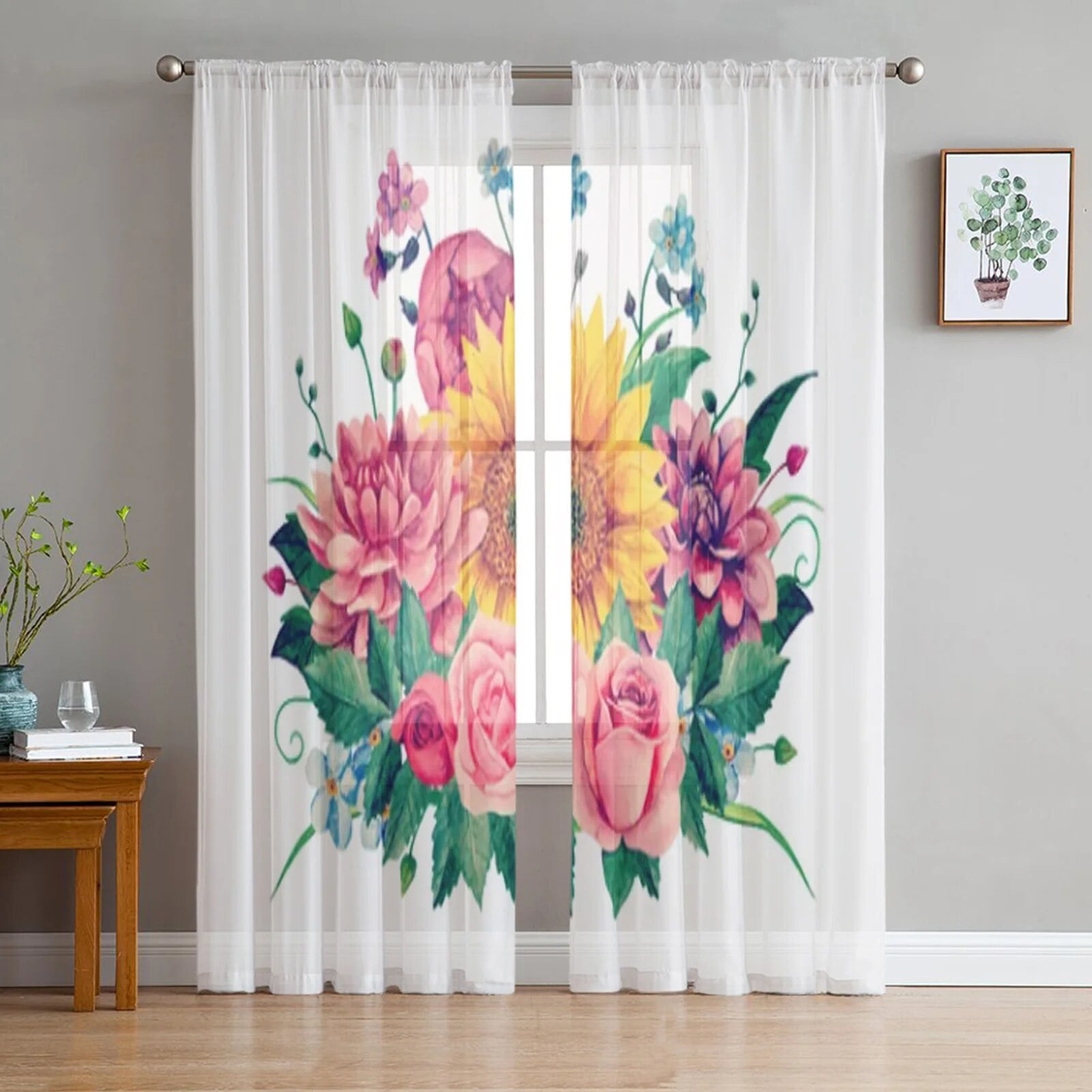 Bouquet Rose Sunflower Sheer Curtains For Bedroom Living Room Tulle ...