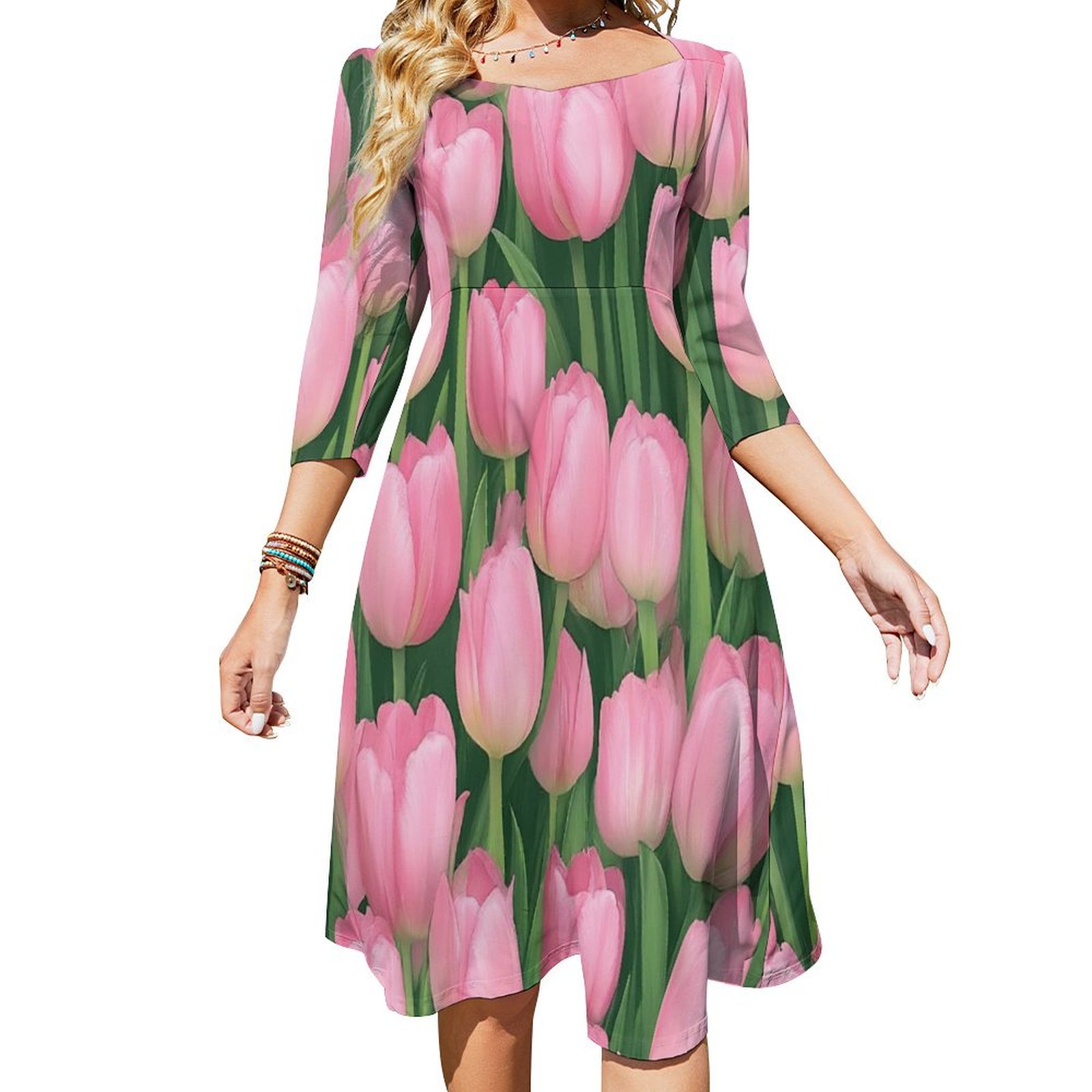 Bouquet of Pink Tulips Flowers-1 Sweetheart Knot Flared Dress Fashion ...