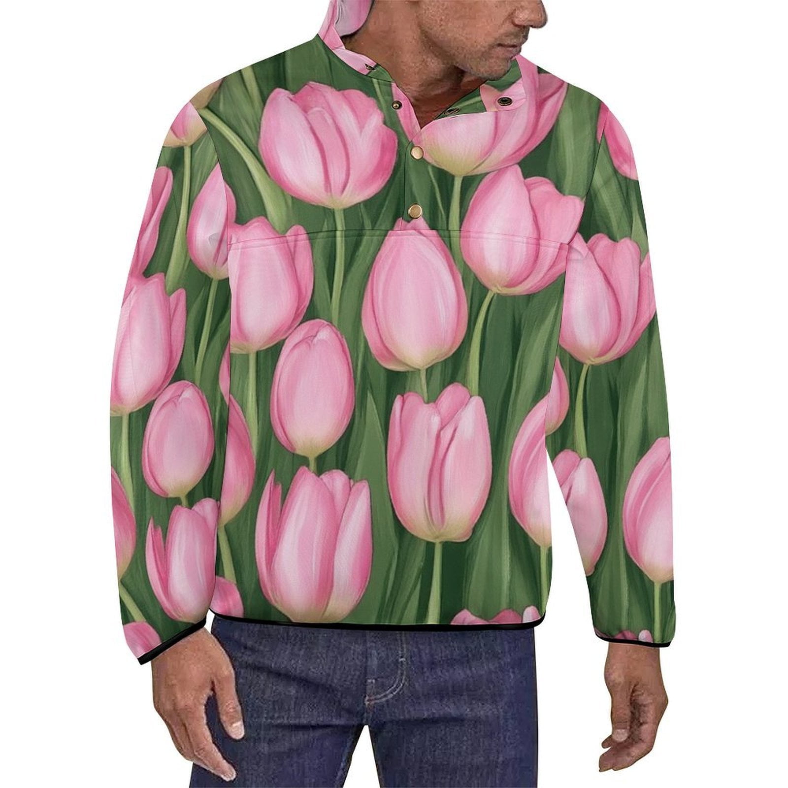 Bouquet of Pink Tulips Flowers Men's Stand Collar Sweater Long Sleeve ...
