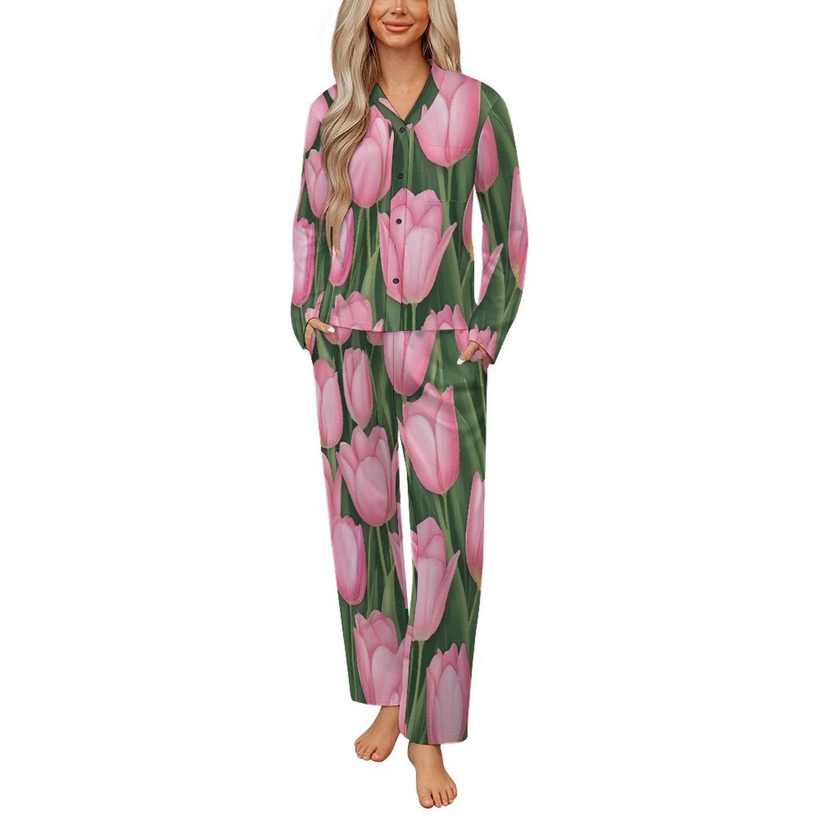 Bouquet of Pink Tulips Flowers Womens Pyjamas Set Button Up Pyjamas ...