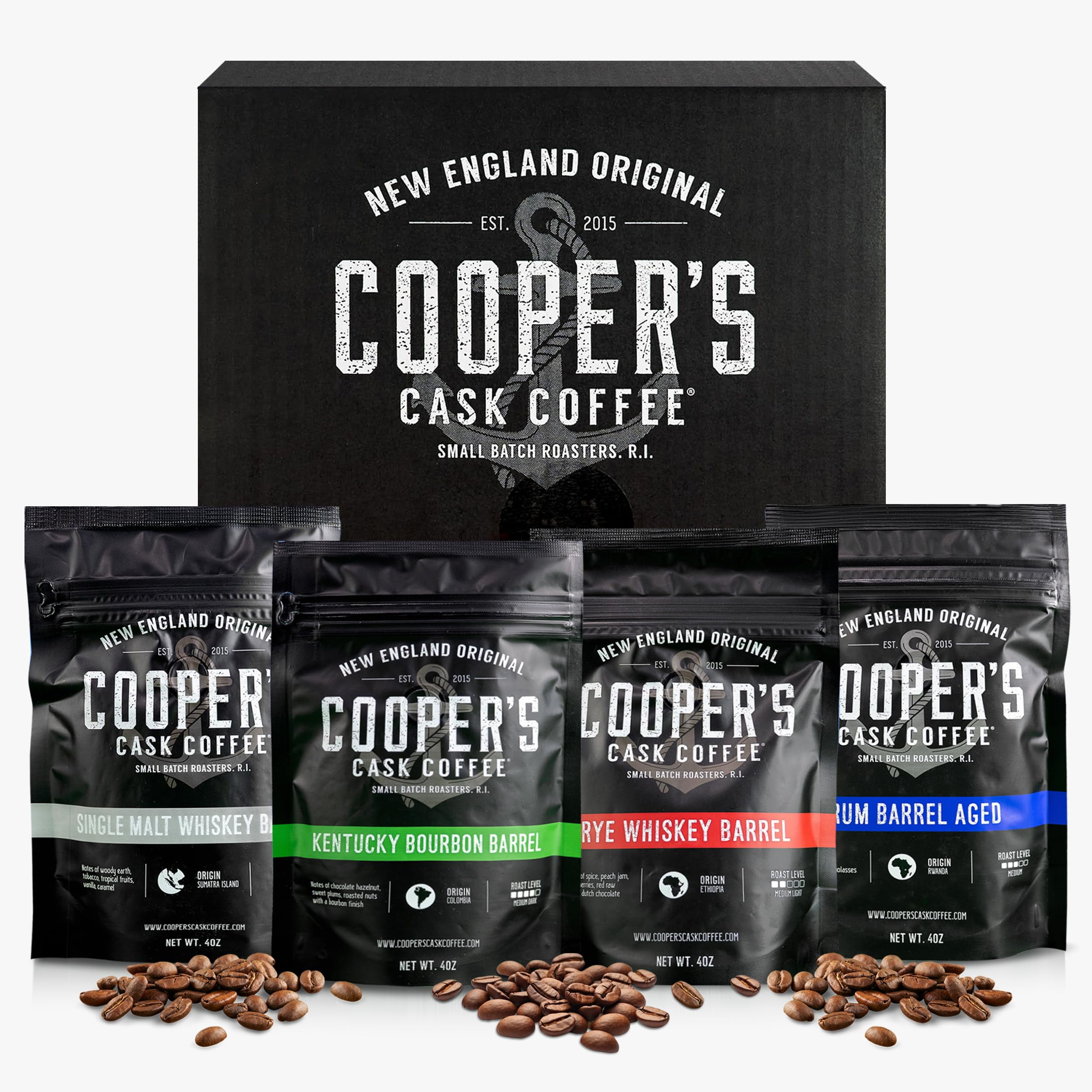 Bourbon & Whiskey Barrel Aged Coffee Box Set with Four Whole Bean ...