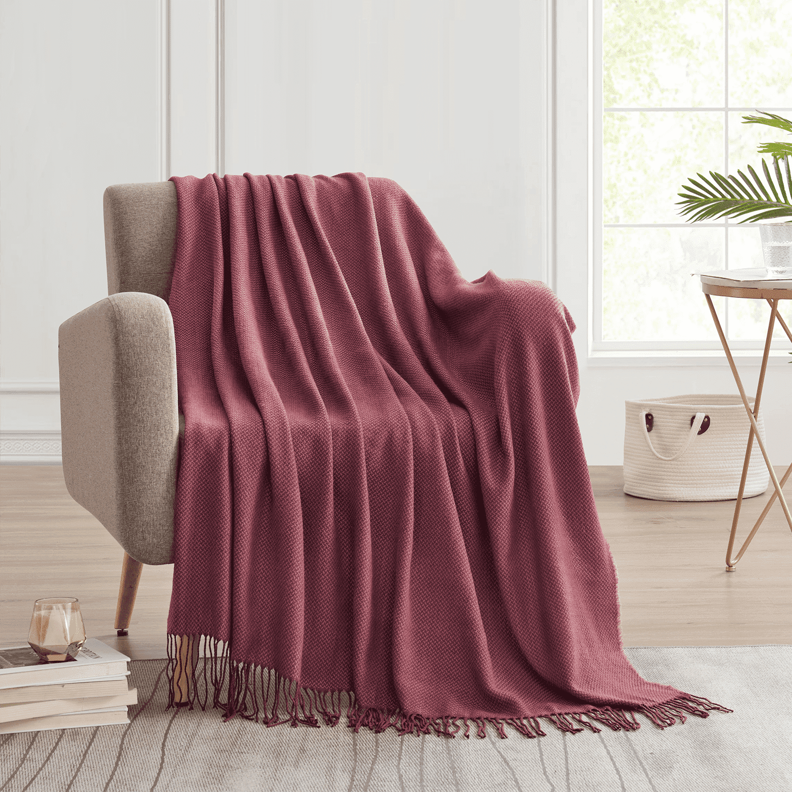 Bourina Herringbone Knitted Acrylic Throw Blanket, Burgundy, 50" x 60 ...