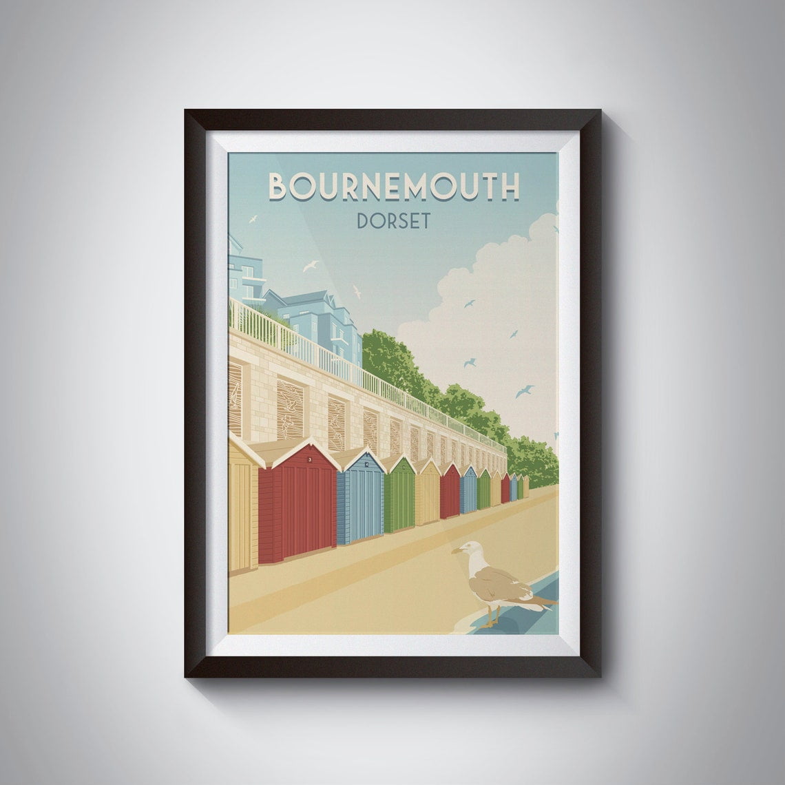 Bournemouth Travel Poster, Beach Hut Seaside Print, Dorset, Poole ...