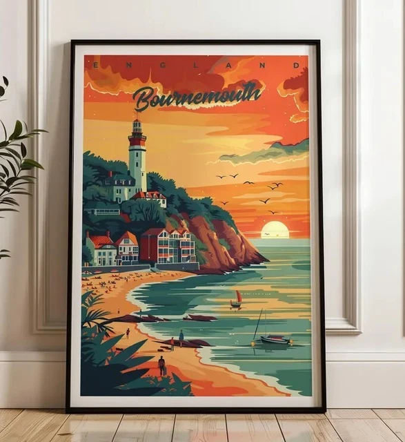Bournemouth Travel Poster - England Wall Art Print, Illustration Poster ...