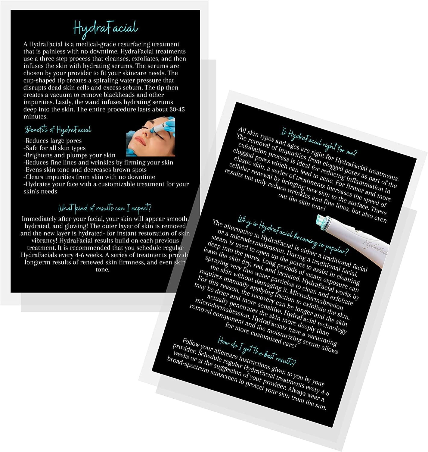 Boutique Marketing LLC HydraFacial Benefits & FAQ Infocards 30 Pack Size 4x6 inches Postcard ...