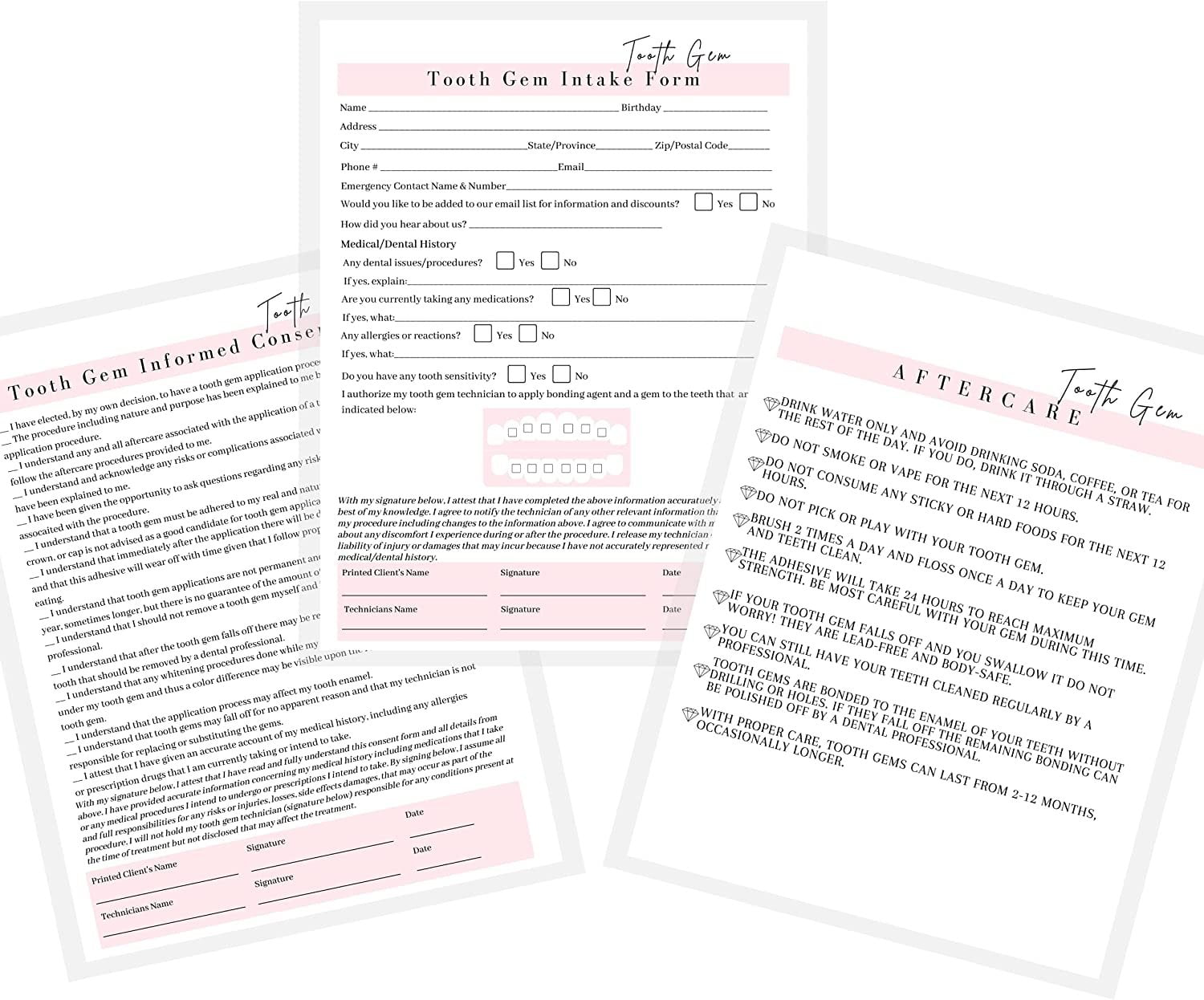 Boutique Marketing LLC Tooth Gem Consent Form, Intake Form, Aftercare ...