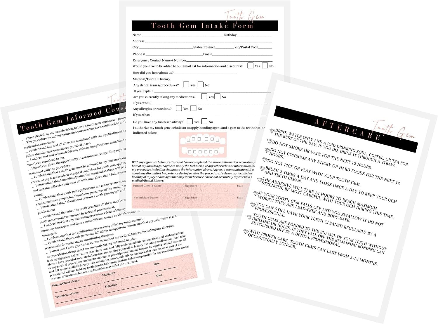 Boutique Marketing LLC Tooth Gem Consent Form, Intake Form, Aftercare ...
