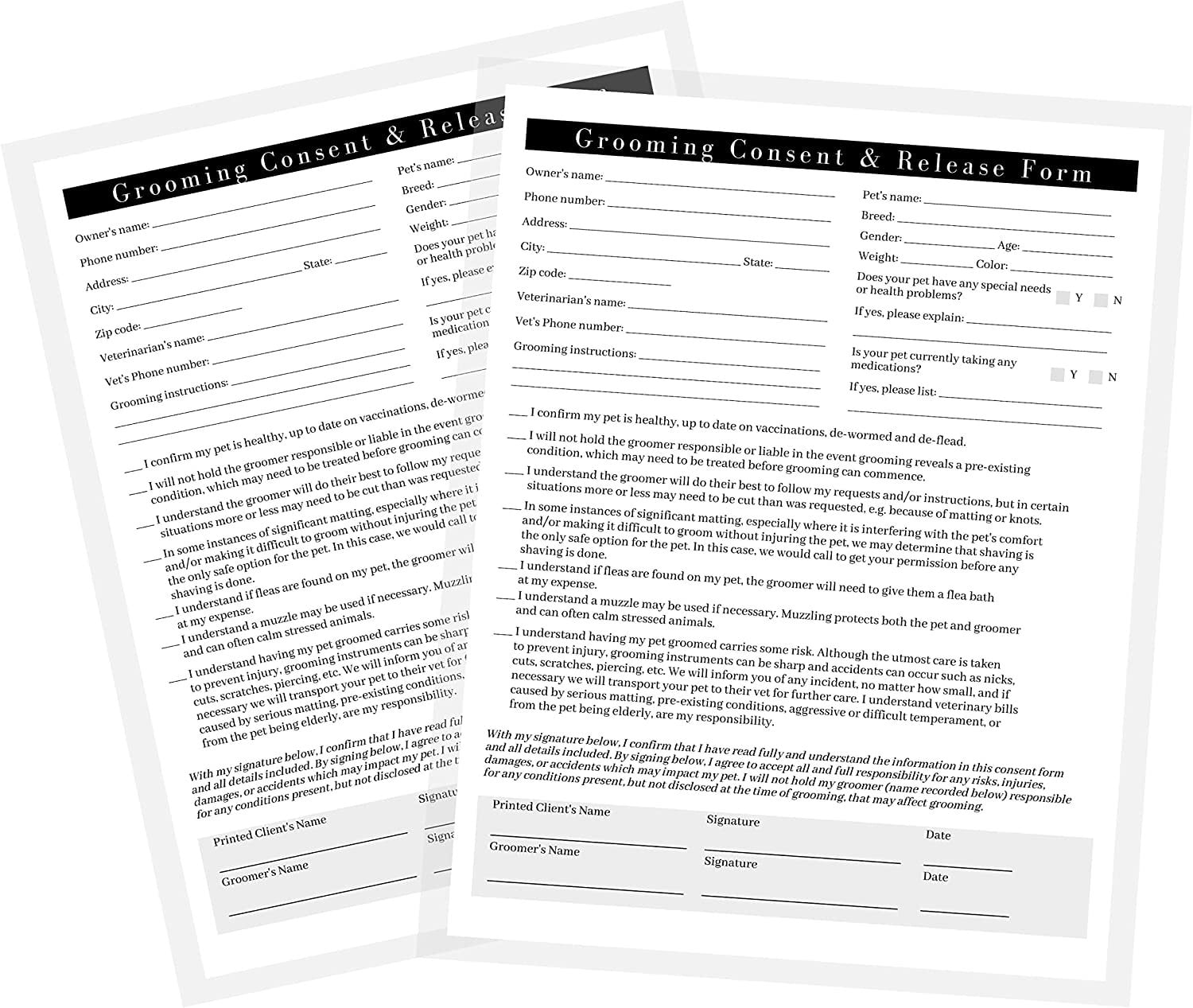 Boutique Marketing Pet Grooming Intake, Consent & Release Form 50 Pack ...
