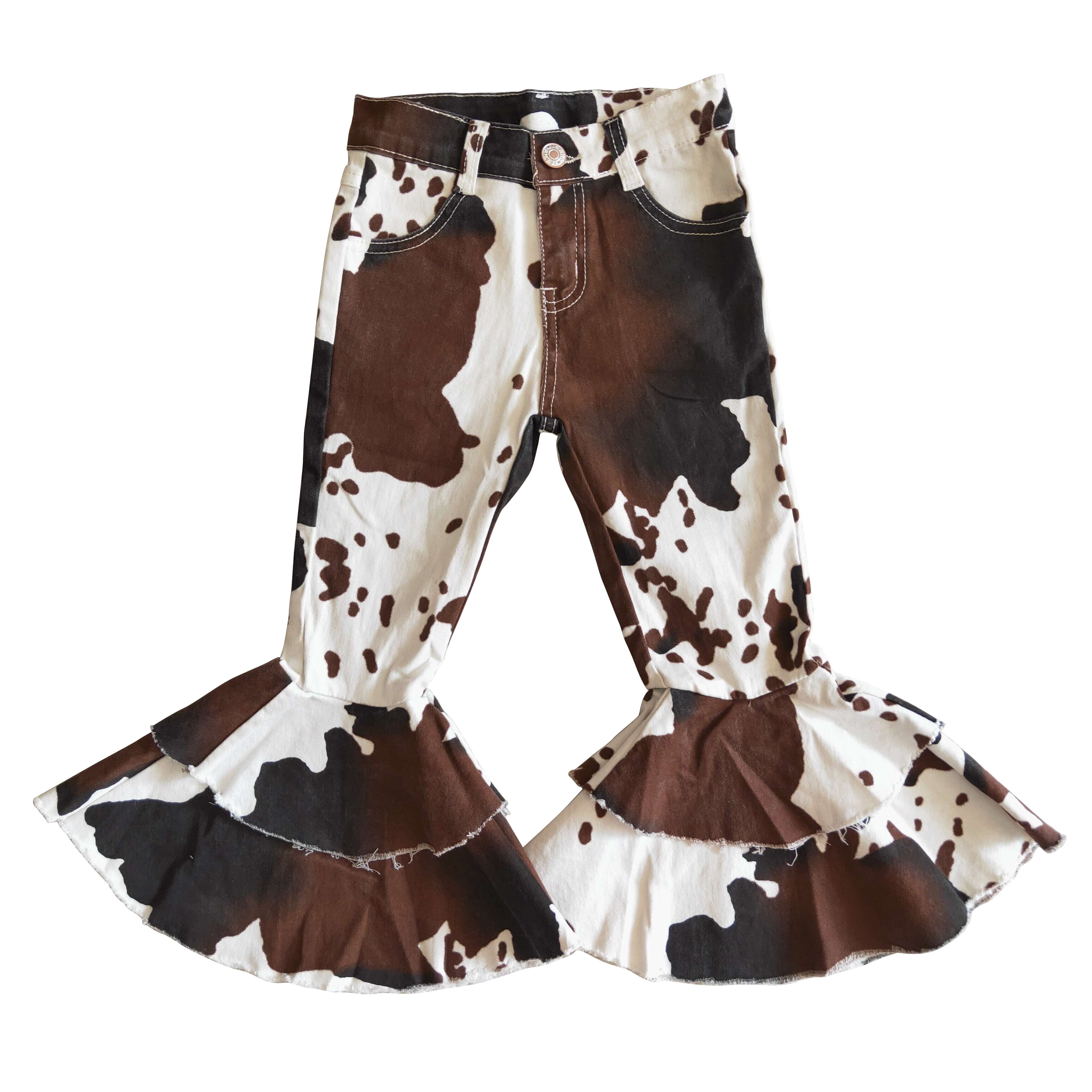 Boutique new brown jeans western cow design bell bottom jeans for kids ...