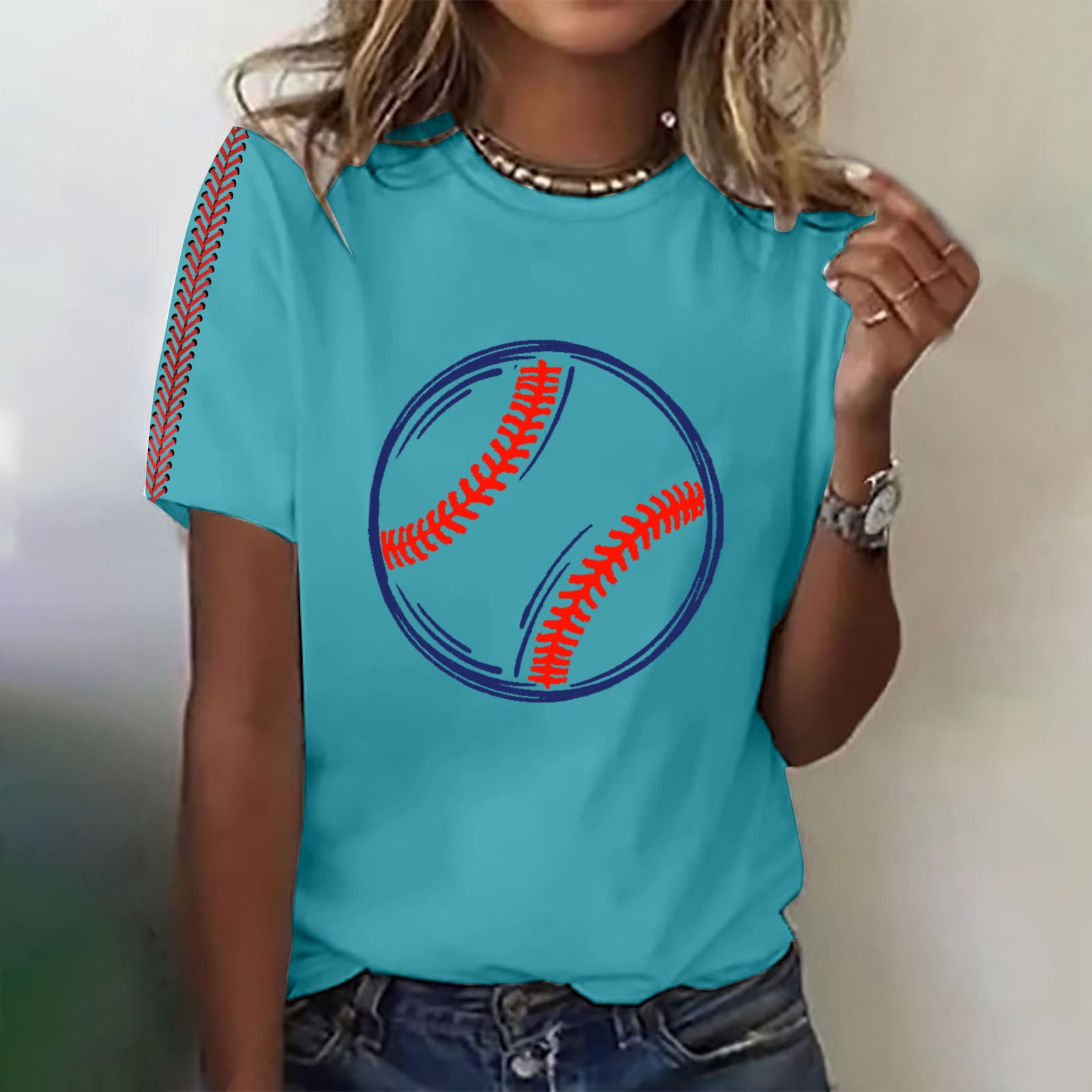 Bovemsi 2025 Summer Women's Baseball Print T Shirt, Blue Women's Summer ...