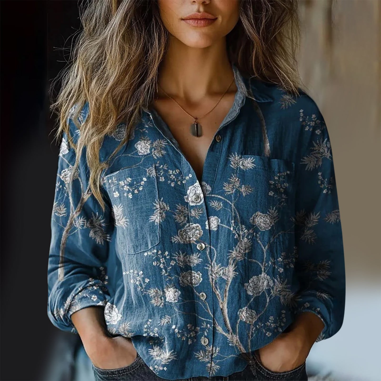 Bovemsi Women Cotton Shirt Printed Fashion Down Shirts Casual Tops Long ...