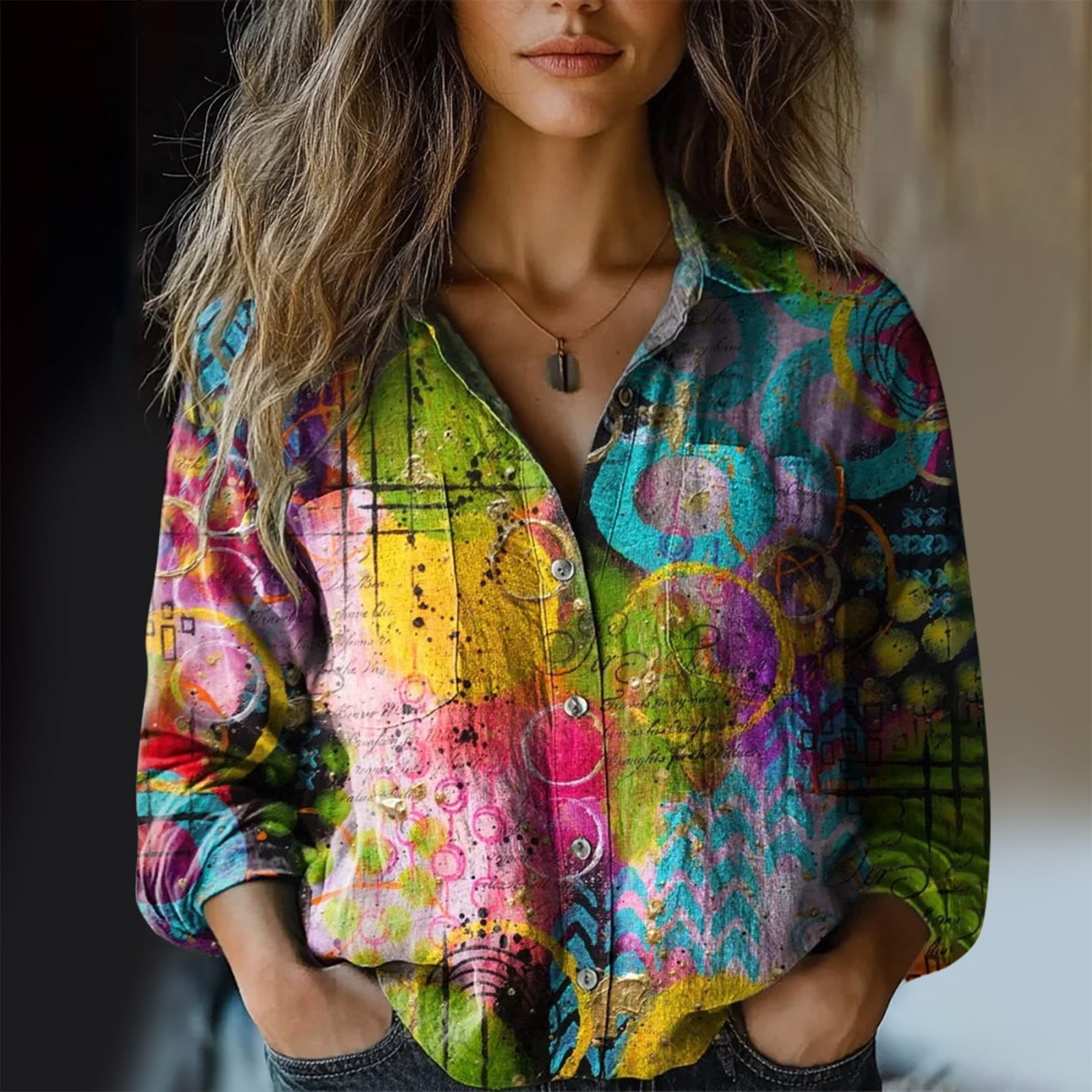 Bovemsi Women Cotton Shirt Printed Fashion Down Shirts Casual Tops Long ...