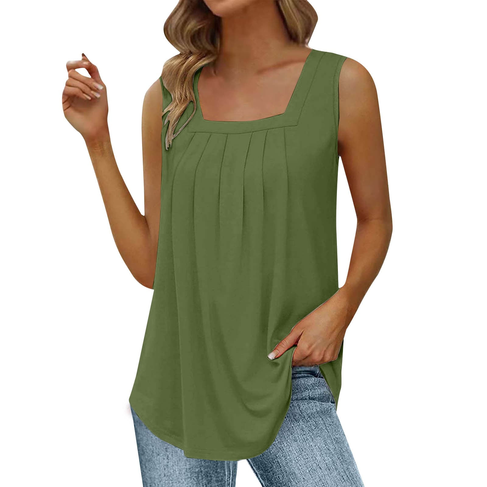 Bovemsi Women's 2025 Summer Cotton Tank - Loose Pleated Square Neck ...