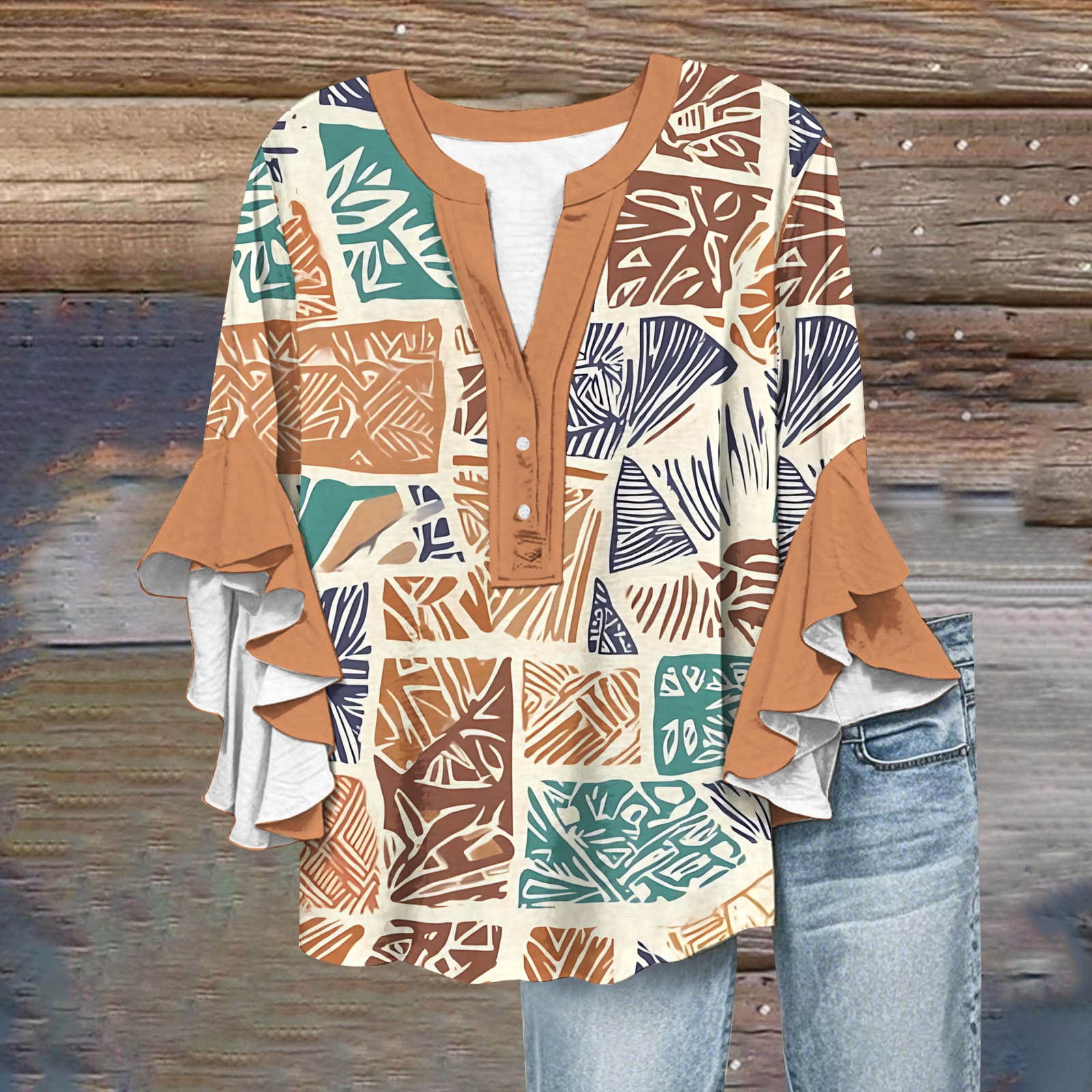 Bovemsi Women's 3/4 Sleeve V Neck Lace Trim Button Up Top - Casual ...