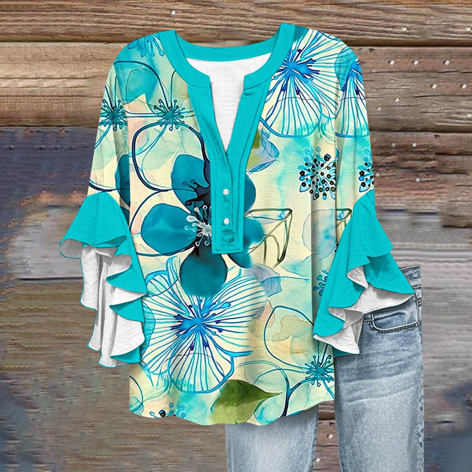 Bovemsi Women's 3/4 Sleeve V Neck Lace Trim Button Up Top - Casual ...