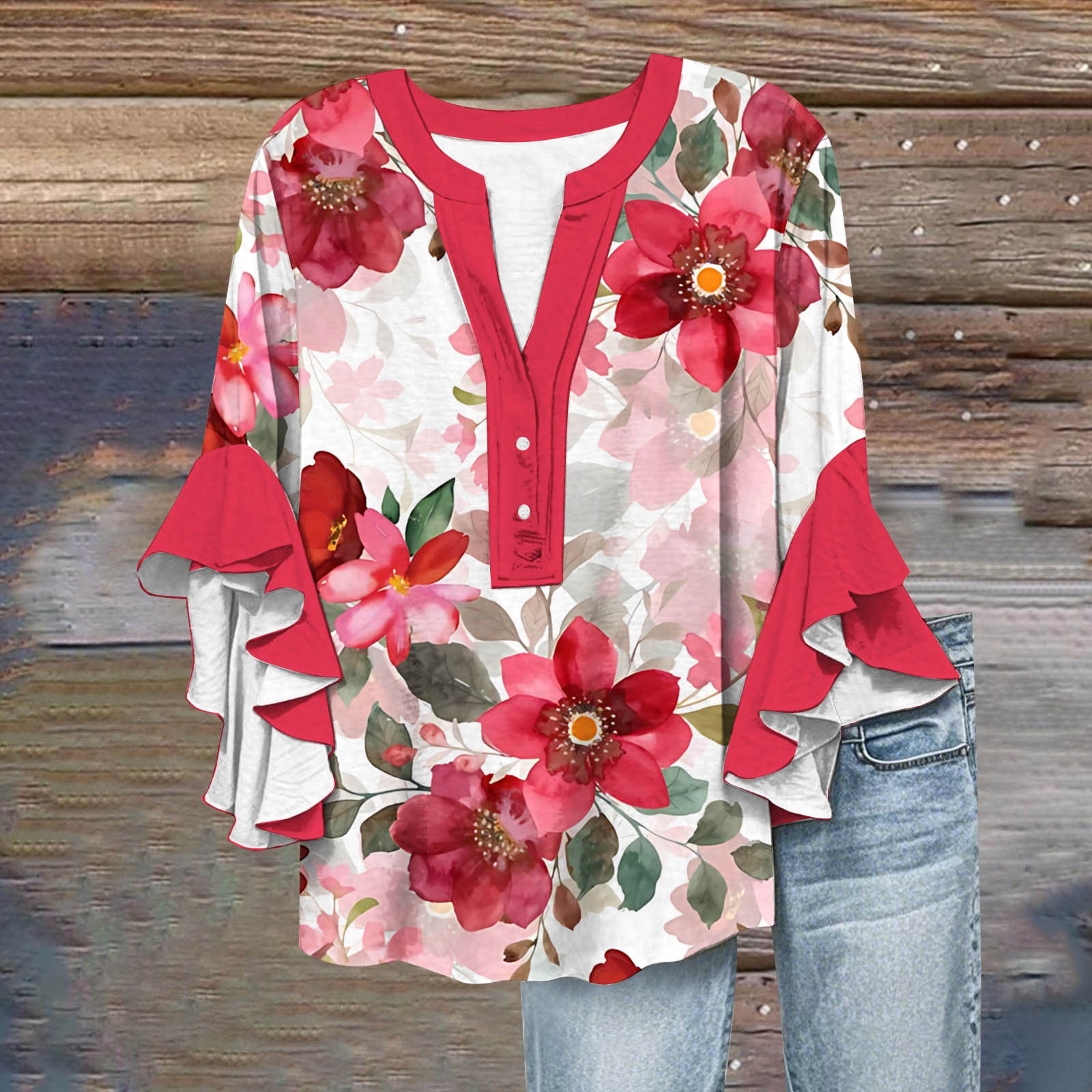 Bovemsi Women's 3/4 Sleeve V Neck Lace Trim Button Up Top - Casual ...