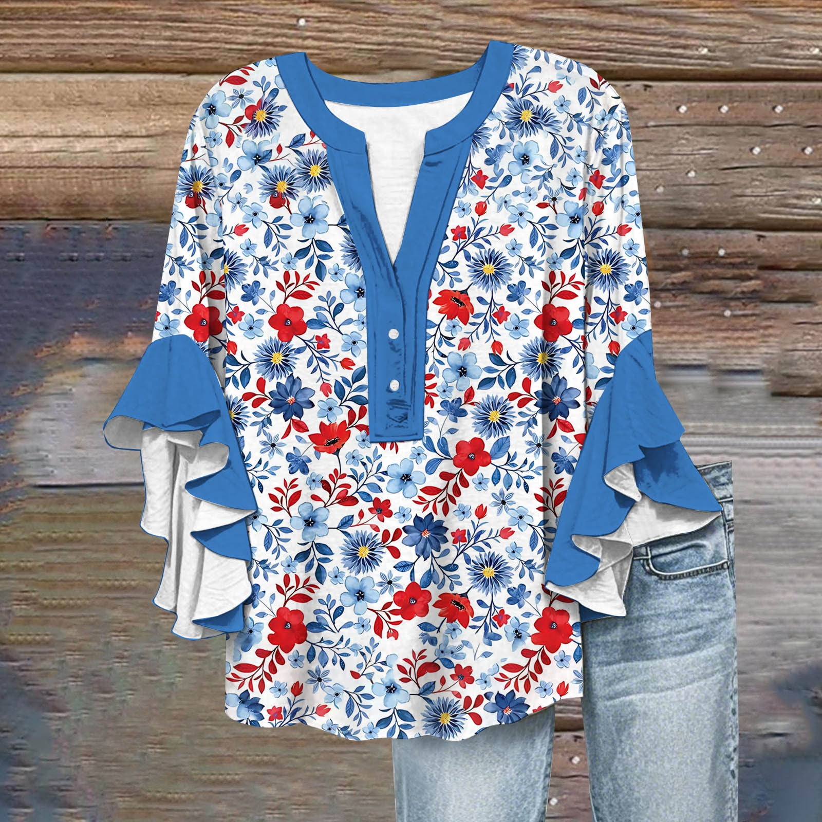 Bovemsi Women's 3/4 Sleeve V Neck Lace Trim Button Up Top - Casual ...