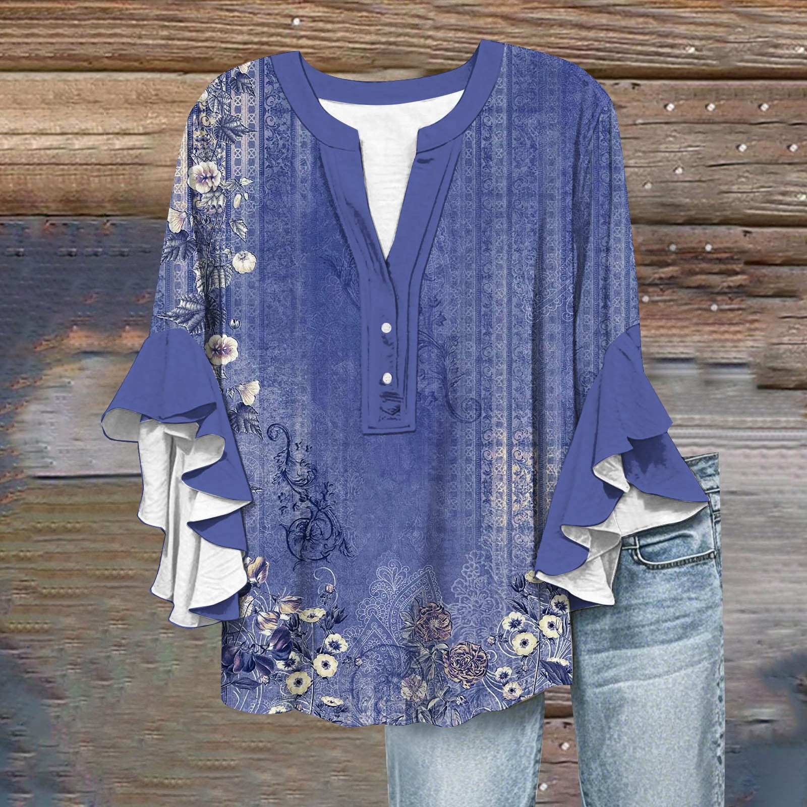 Bovemsi Women's 3/4 Sleeve V Neck Lace Trim Button Up Top - Casual ...