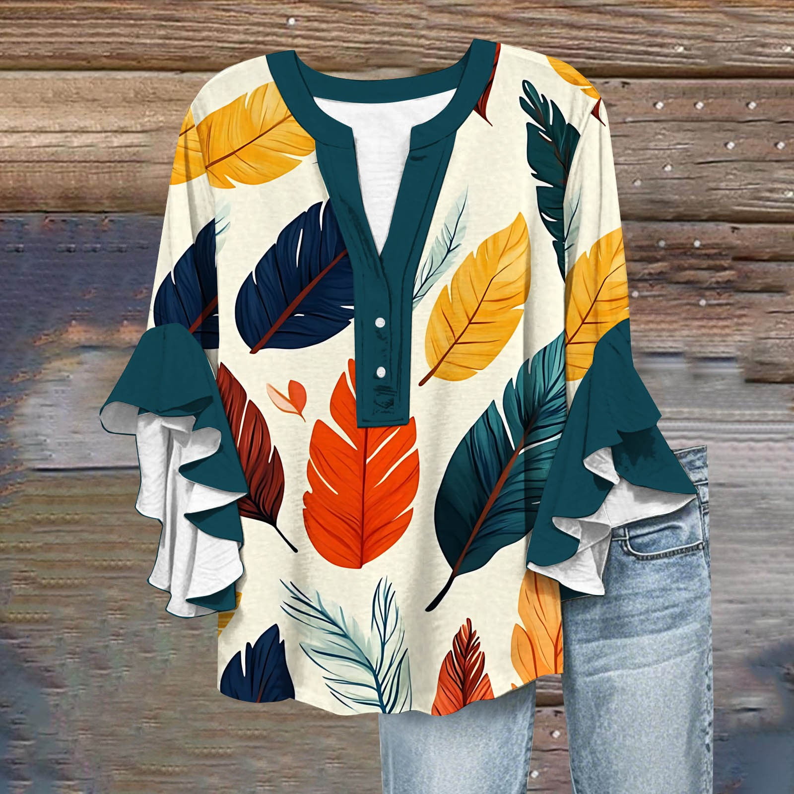 Bovemsi Women's 3/4 Sleeve V Neck Lace Trim Button Up Top - Casual ...