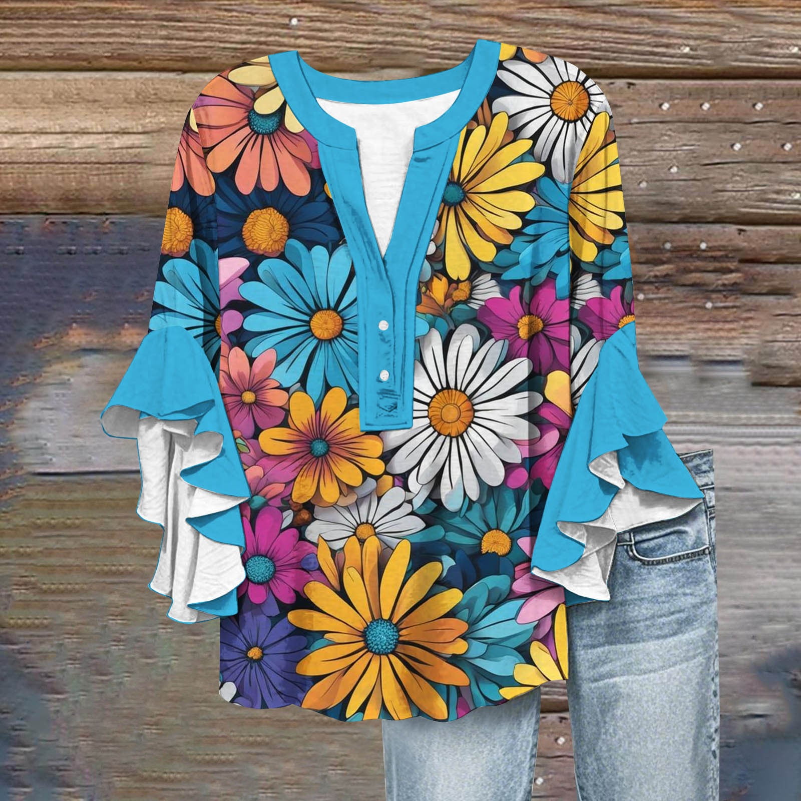 Bovemsi Women's 3/4 Sleeve V Neck Lace Trim Button Up Top - Casual ...