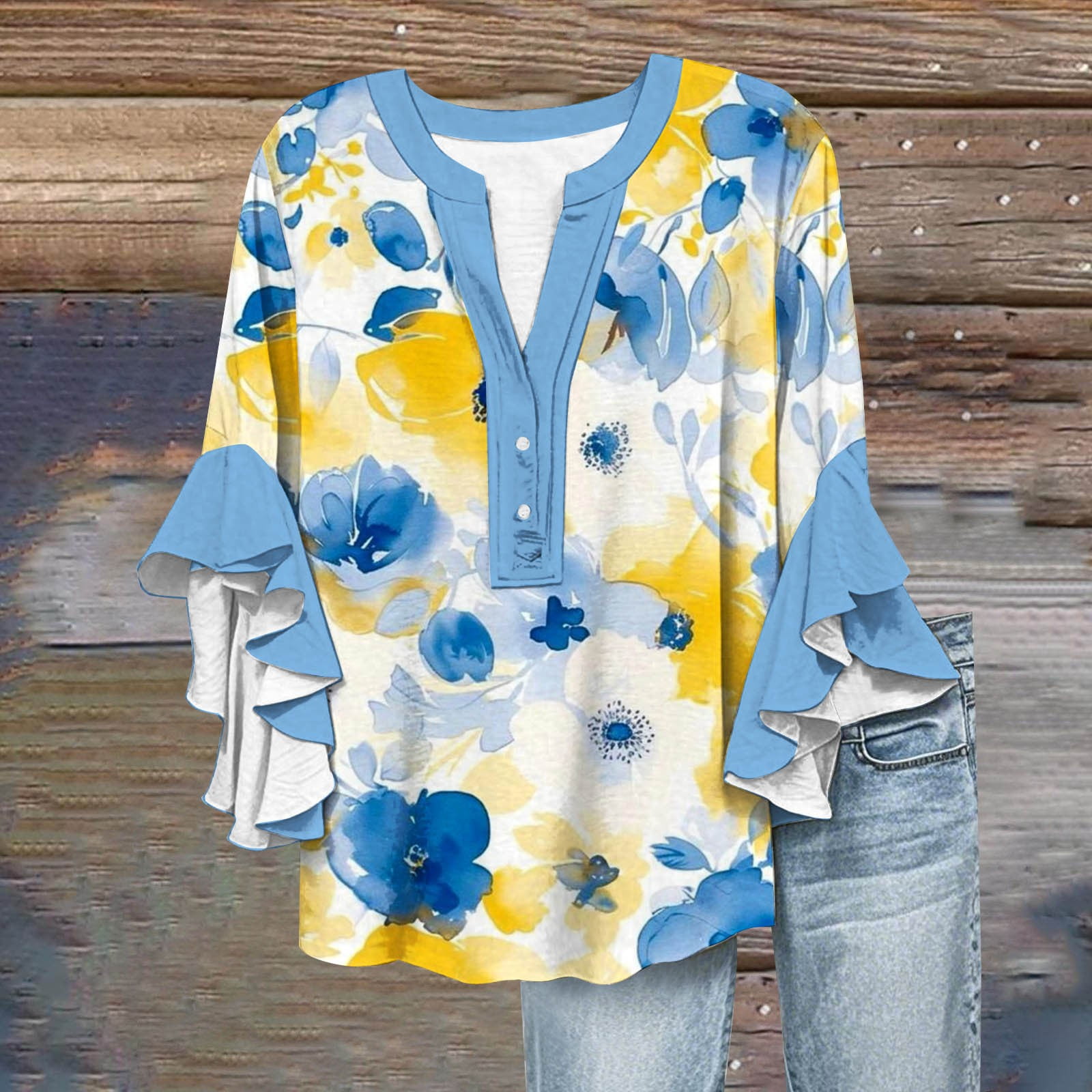 Bovemsi Women's 3/4 Sleeve V Neck Lace Trim Button Up Top - Casual ...