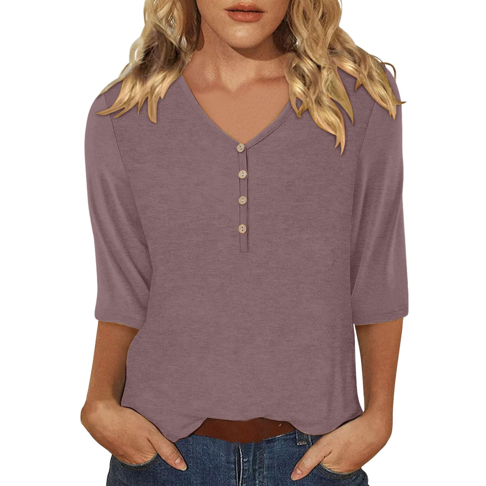 Bovemsi Women's Long Sleeve Tops Casual 3/4 T Shirts 2025 V Neck Tunic ...