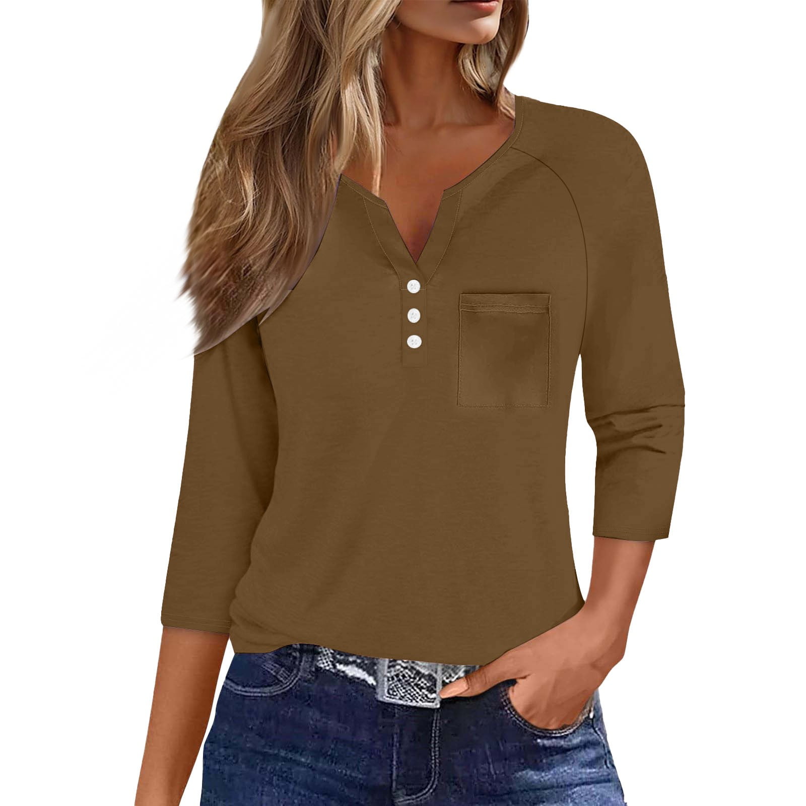 Bovemsi Women's Long Sleeve Tops Casual Seven V Neck Button Down With ...