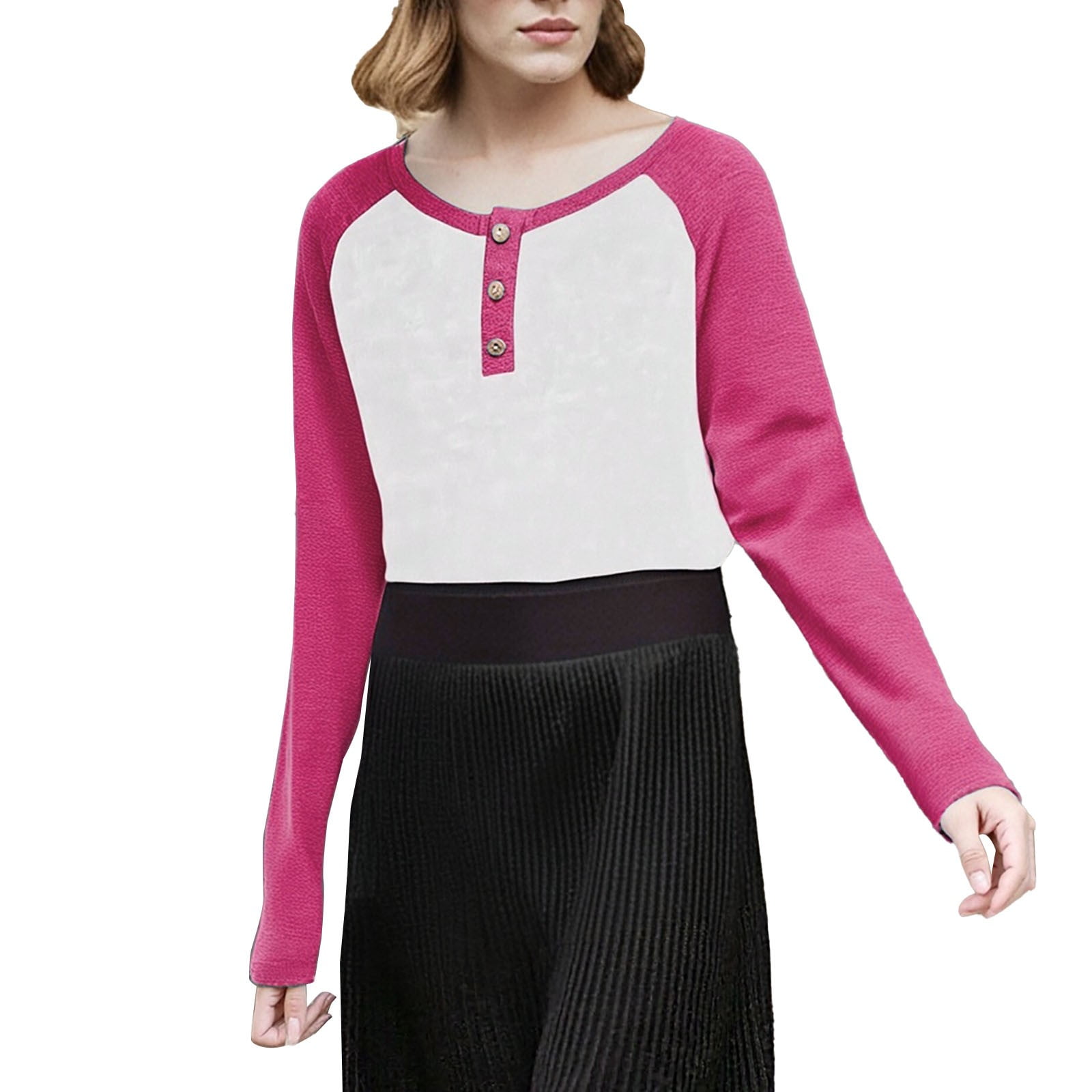 Bovemsi Women's Long Sleeve Tops Imitation Cotton Casual Contrast V ...
